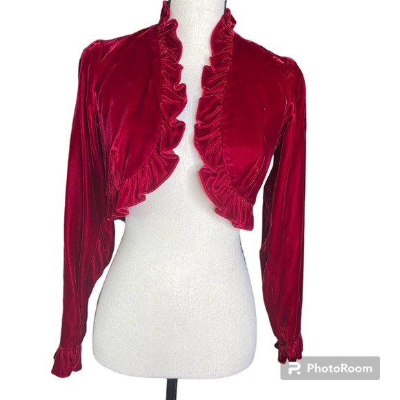 Vintage | Tops | Vintage Plush Rich Red Wine Velvet Open Shrug Ruffle ...